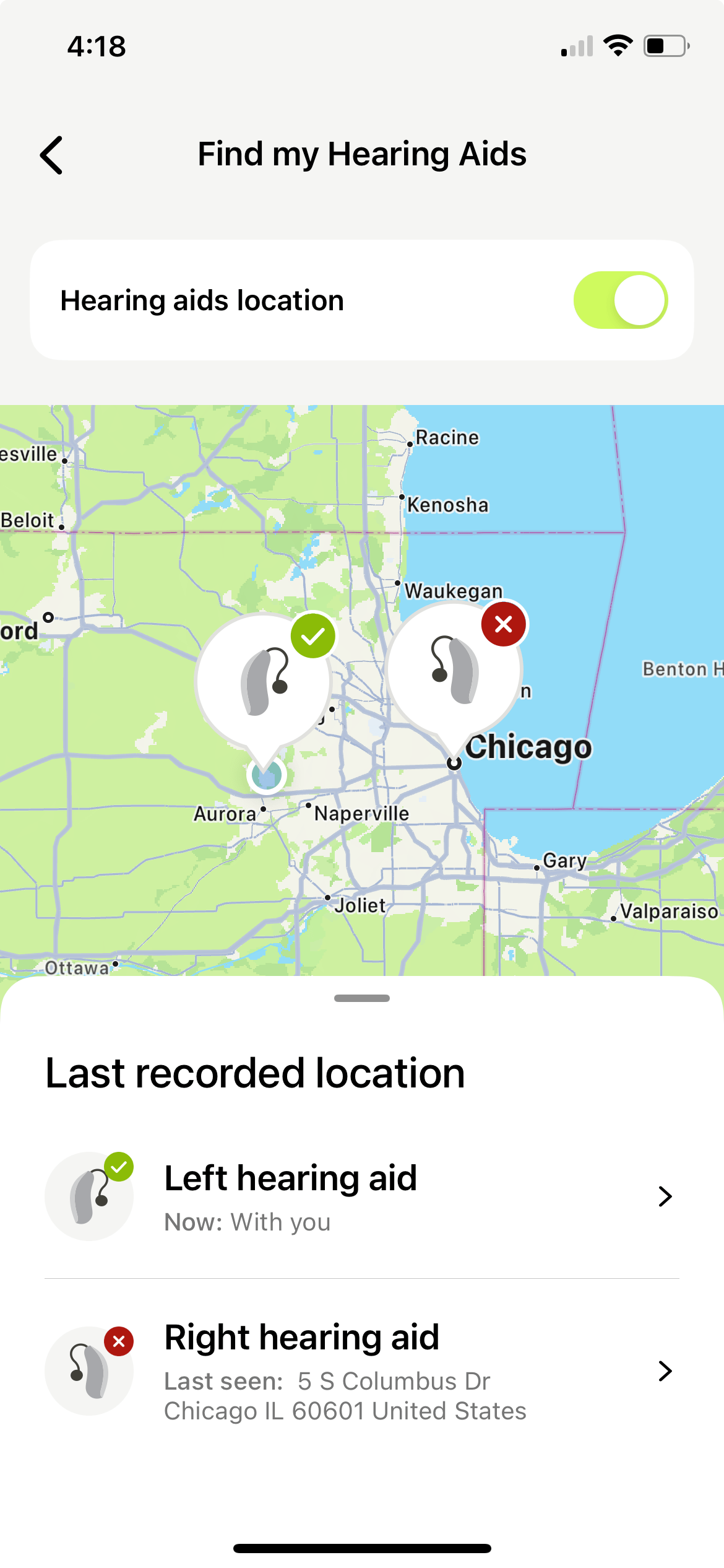 Figure 4: Find my hearing aids showing the left hearing aid connected ...