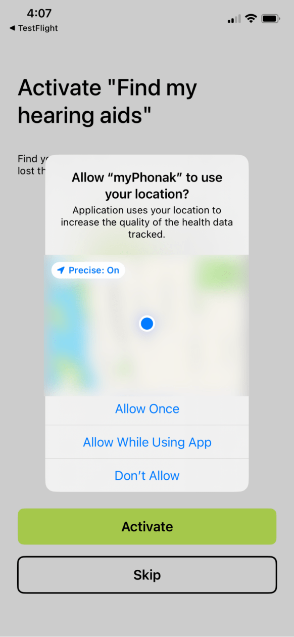 Figure 2: iOS location permission screen, choose “Allow While Using App”